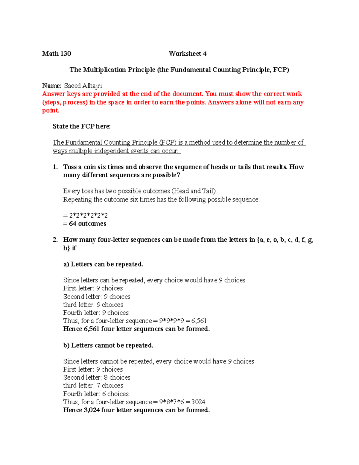 Math 130 Worksheet 4 - Fundamental Counting Principle Problems - Studocu