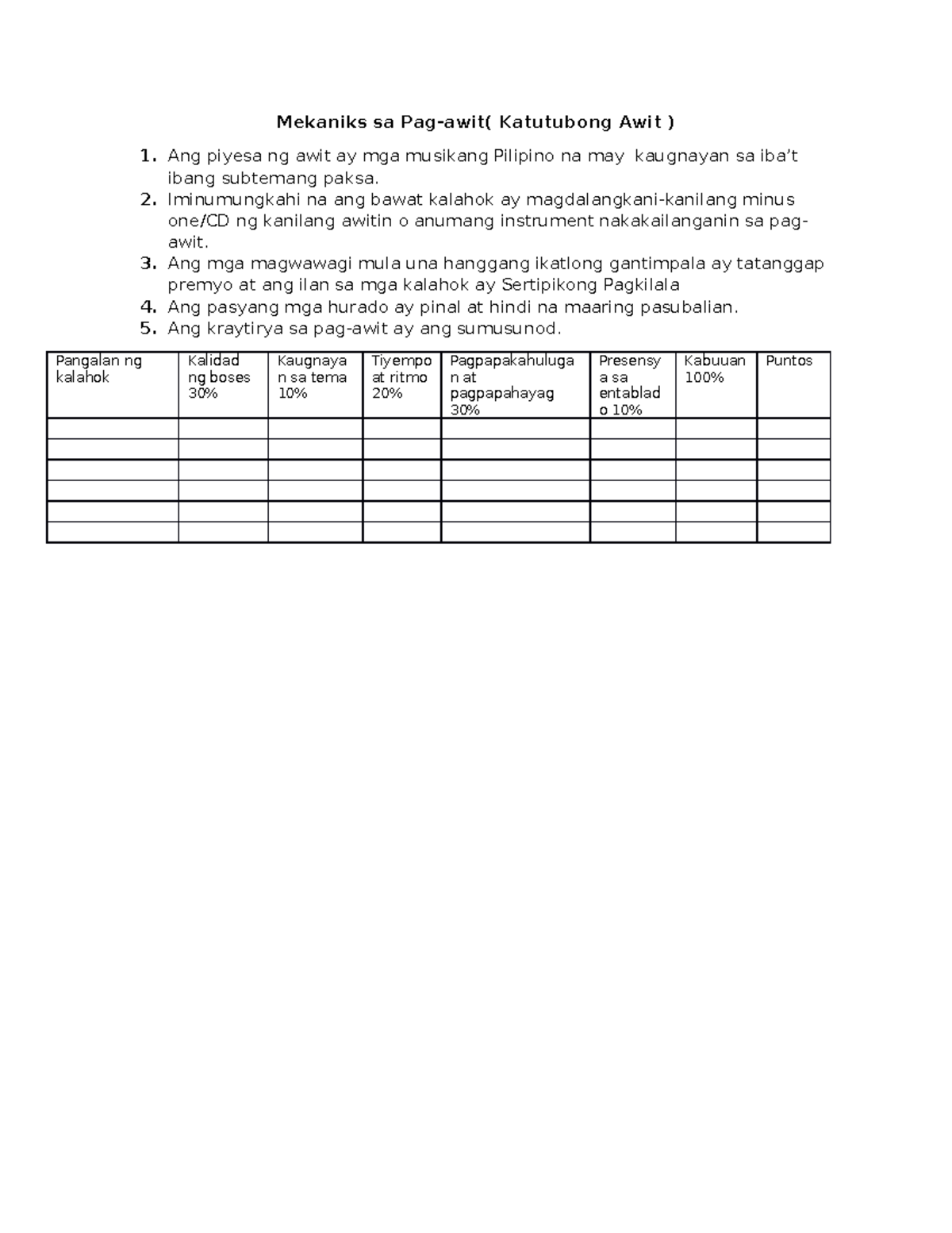 Mekaniks ng Pagtatanghal: Awit at Sabayang Pagbigkas - Studocu