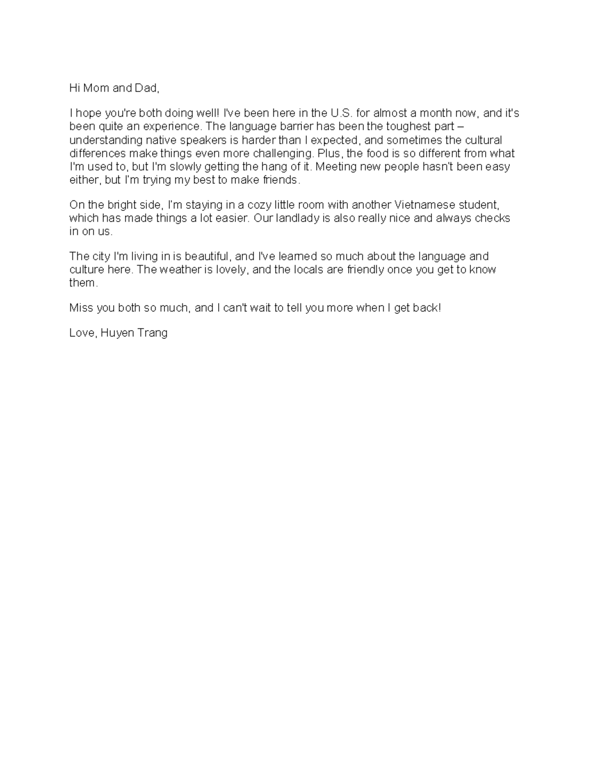 Writing unit 1 KNTH 3 - good - Hi Mom and Dad, I hope you're both doing ...