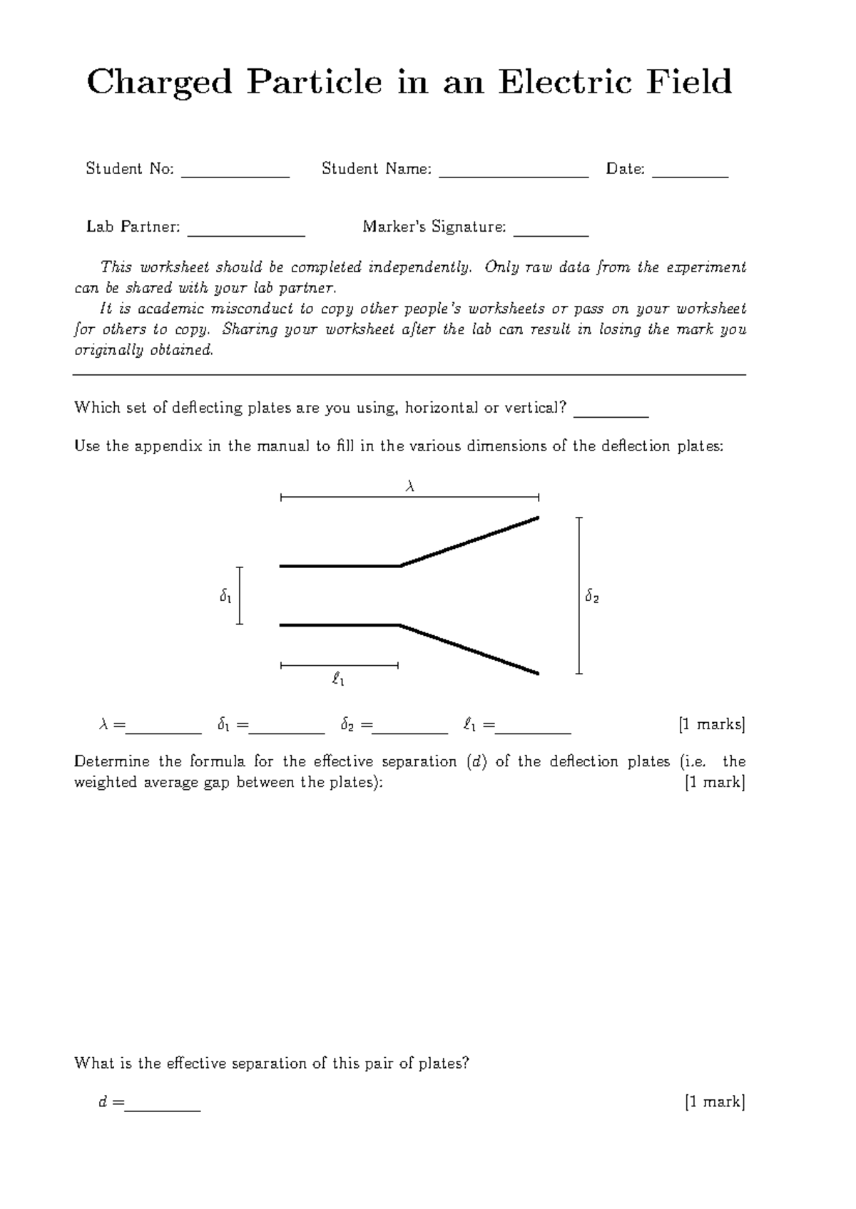 PHYS1001 Charged Particle in Electric Field Lab Worksheet - Studocu