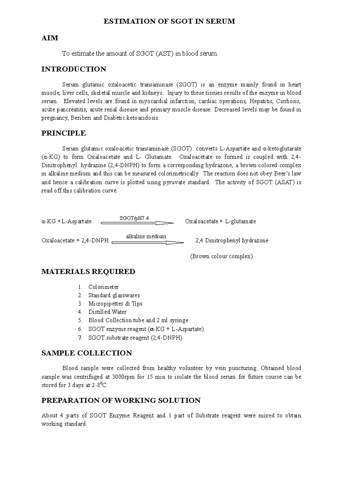 Estimation of SGOT Levels in Serum: Med Biotech Protocol and Results ...