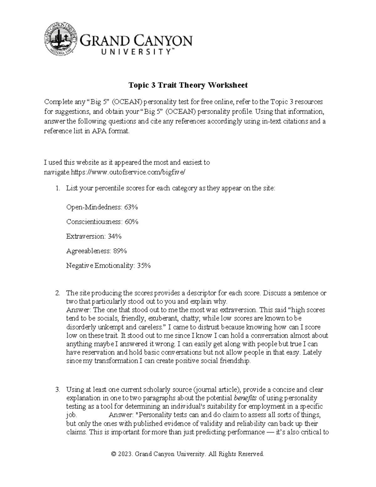 PSY 255 T3 Trait Theory Worksheet and Big 5 Personality Analysis - Studocu