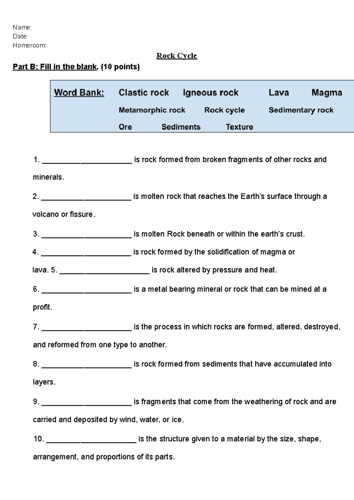 Rock Cycle Quiz Notes for Earth Science (ES 101) - Studocu