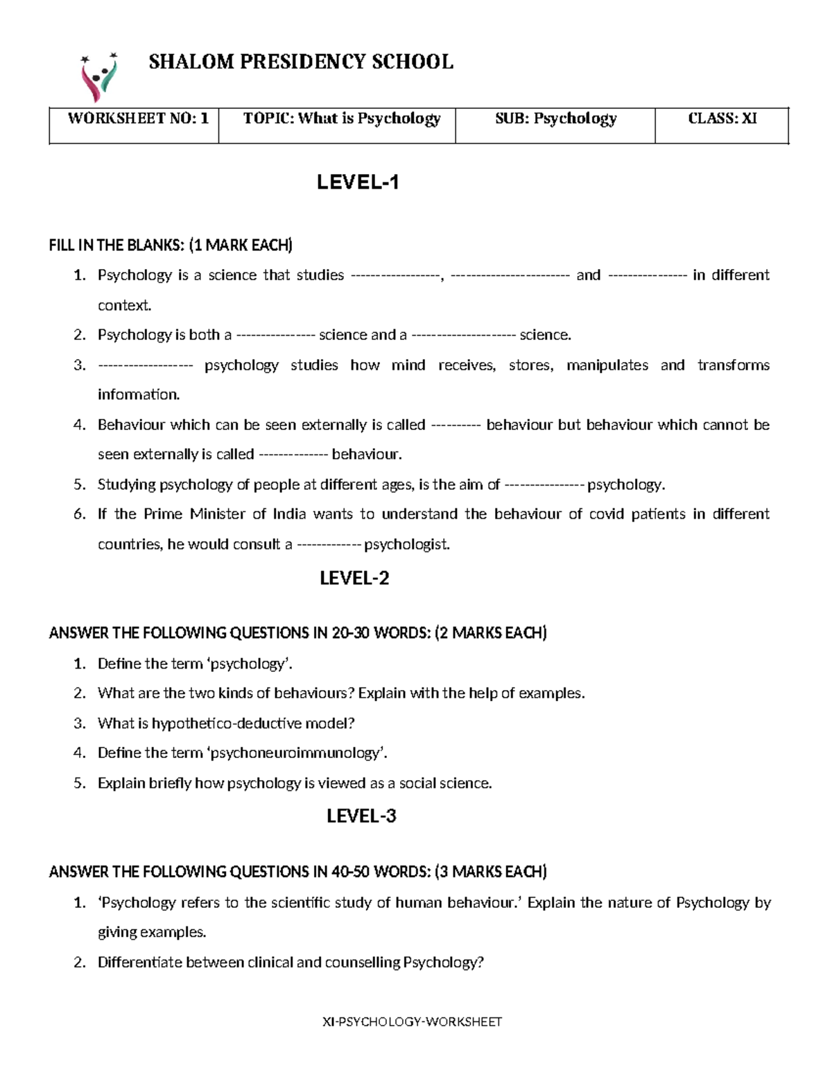 Psychology Worksheet No. 1: Understanding the Basics - Class XI - Studocu