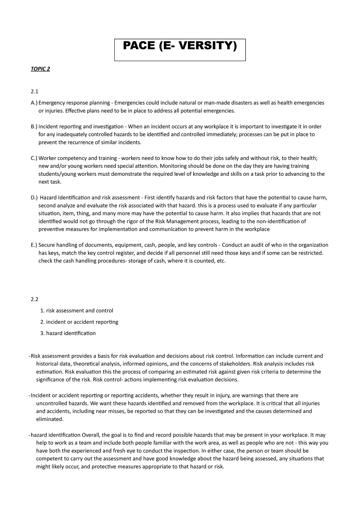 Topic 2 - Emergency Response and Hazard Management for PACE (E-VERSITY ...