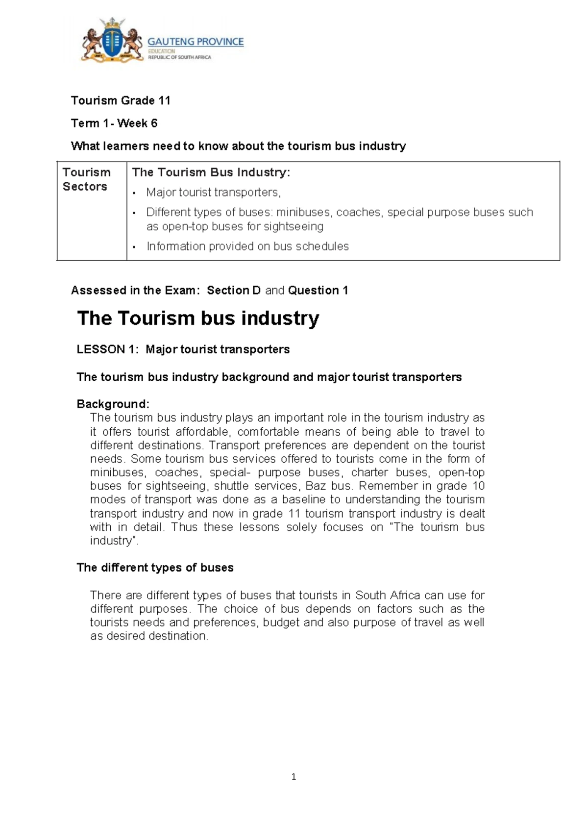 TS 2025 Grade 11 Tourism Lesson Planning: Term 1 to 4 Overview - Studocu