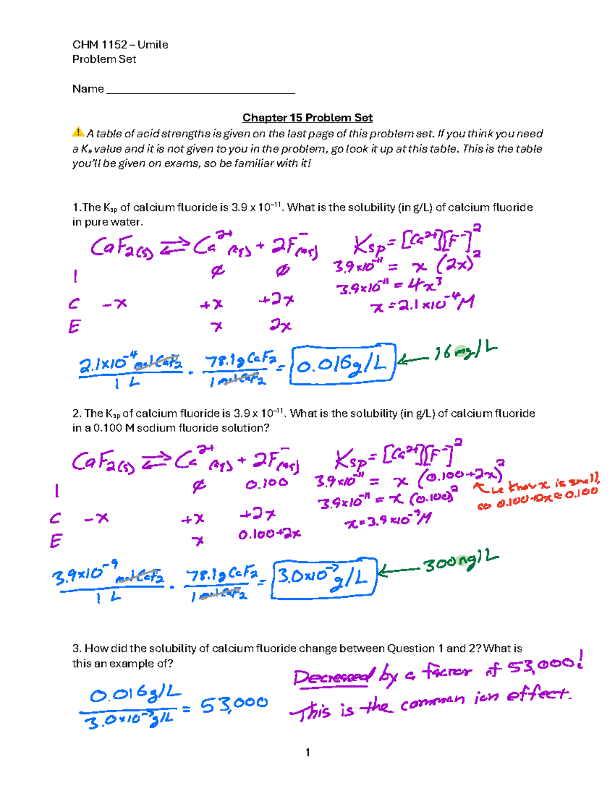 CHM 1152 Chapter 15 Problem Set: Acid Strengths and Solubility - Studocu