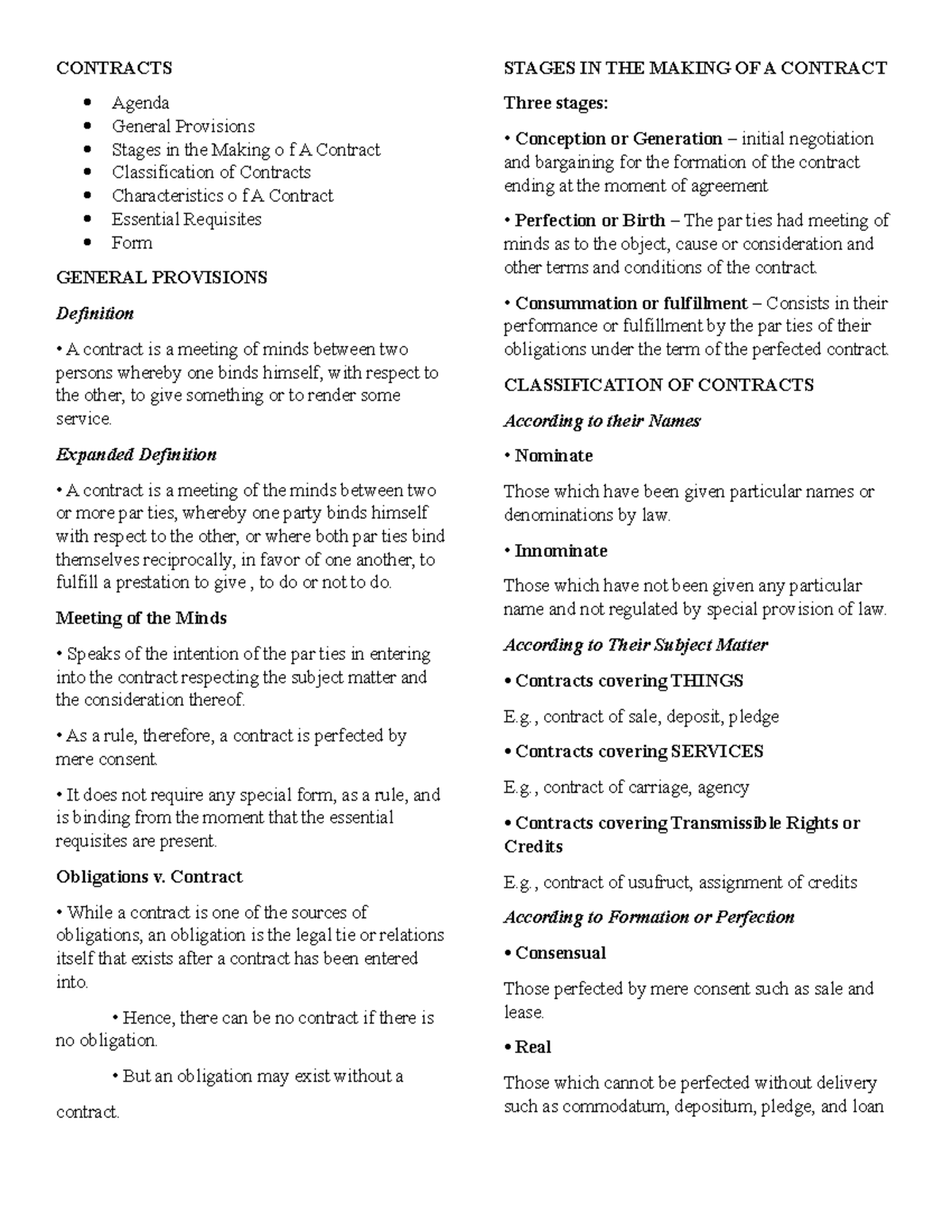 CONTRACTS 101: General Provisions and Stages of Contract Formation - Studocu