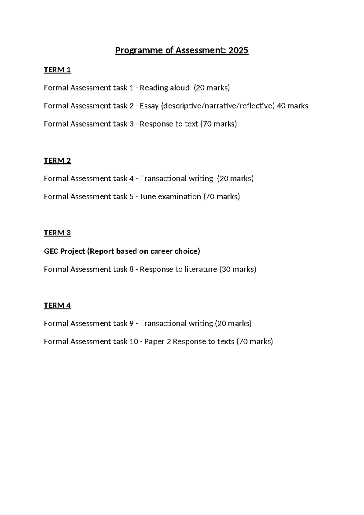 Programme of Assessment 2025 Gr. 9 ENG FAL - Programme of Assessment ...