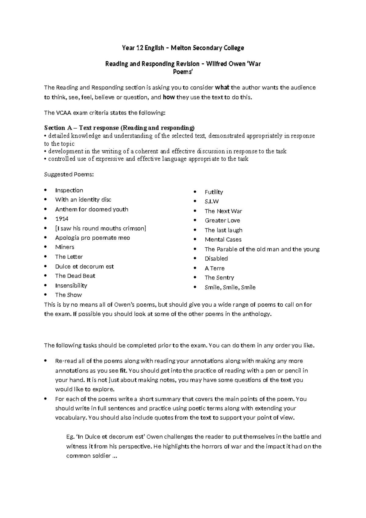 Year 12 English 2023 Wilfred Owen Reading & Responding Revision Guide ...