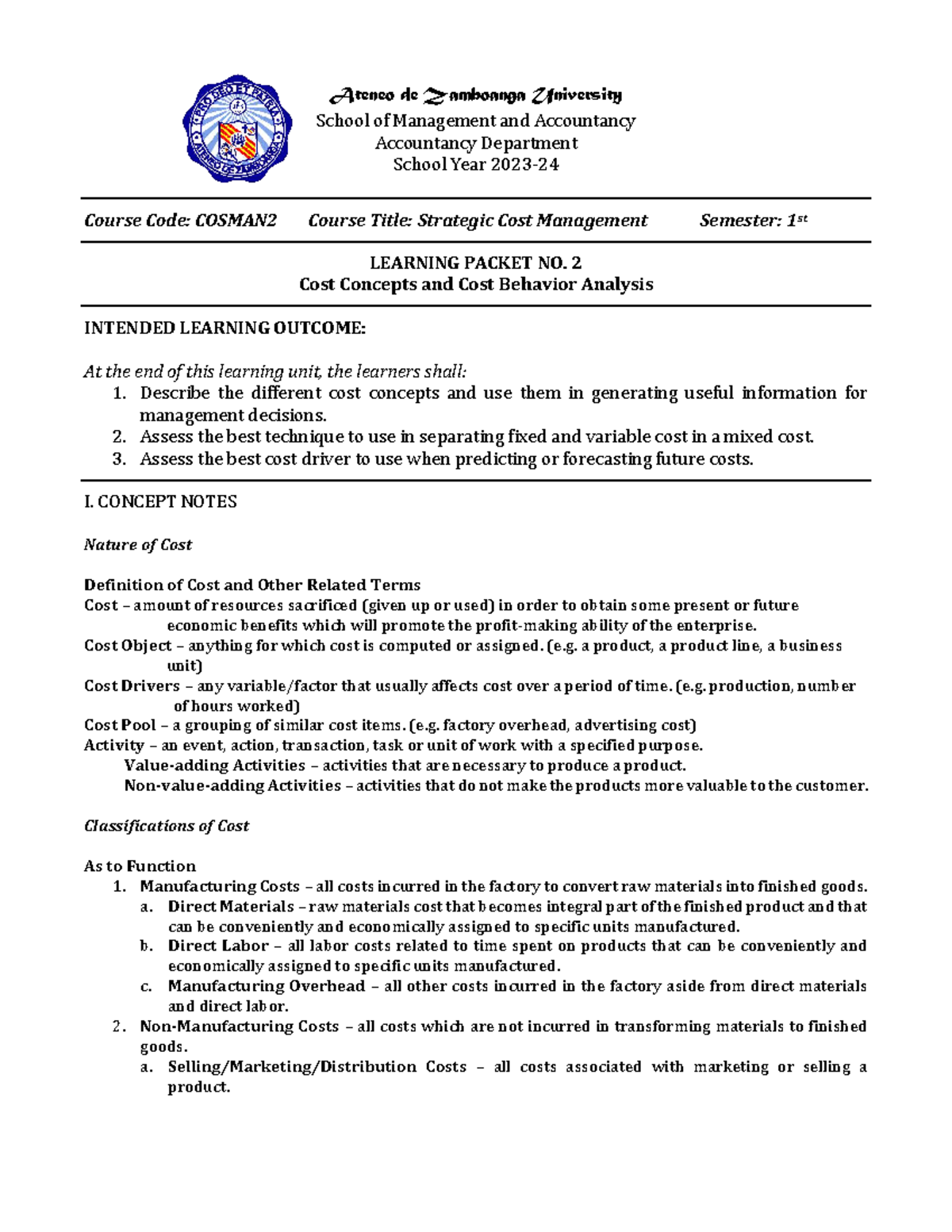 COSMAN2: Strategic Cost Management - Cost Concepts & Behavior Analysis ...