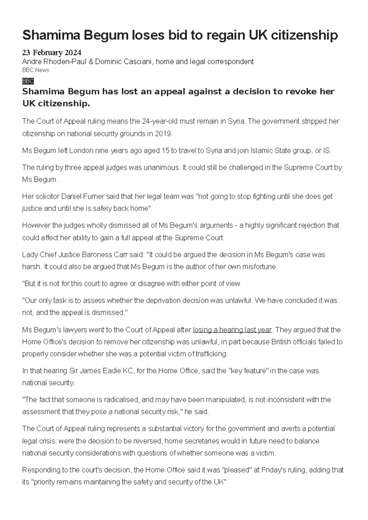 Shamima Begum's Appeal Against UK Citizenship Revocation Denied - Studocu