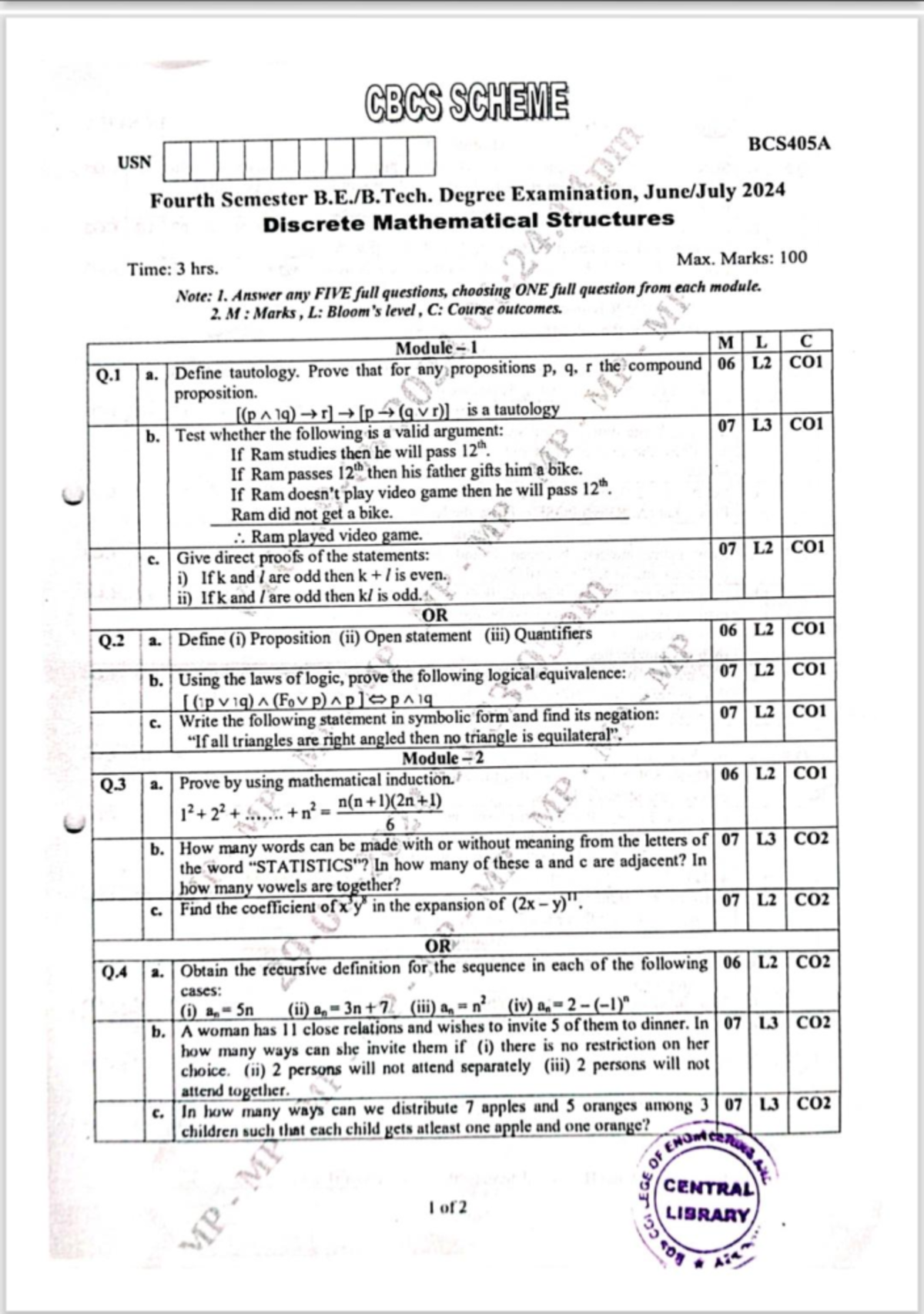 DMS Old QP - BCS405A Fourth Sem Math Structures Exam Guide - Studocu