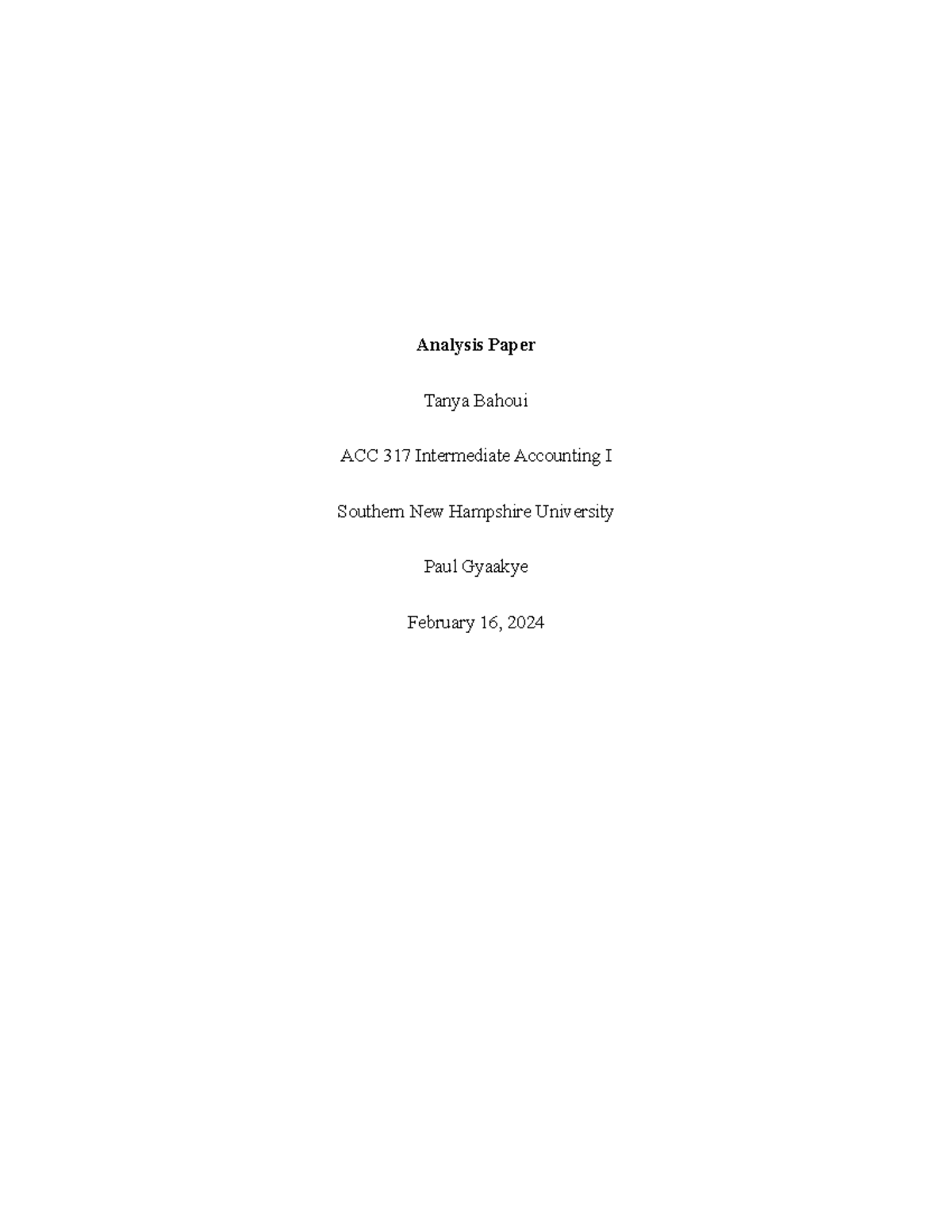 ACC 317 Project One Analysis Paper - Analysis Paper Tanya Bahoui ACC ...