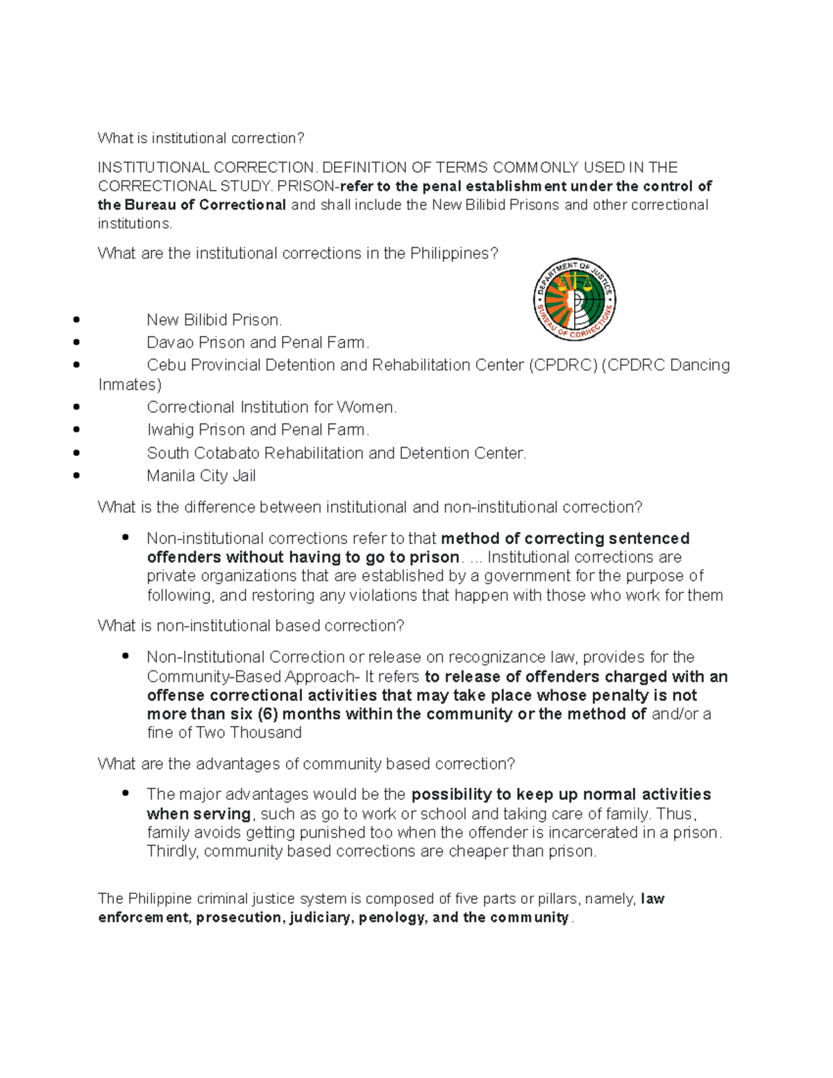 Institutional Correction Overview: Key Terms & Examples in PH - Studocu