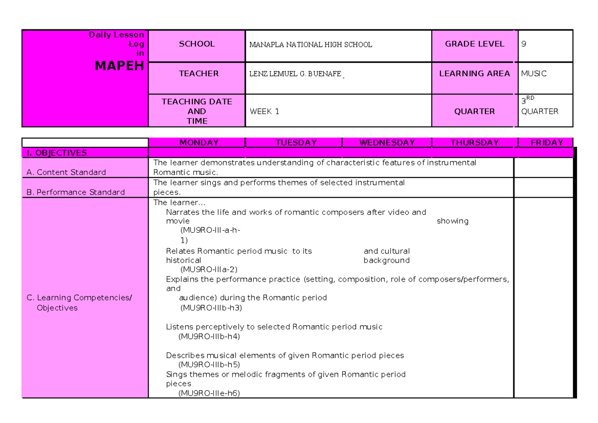 Q3-Music DLL WK1: Daily Lesson Log for Romantic Period Music - Studocu