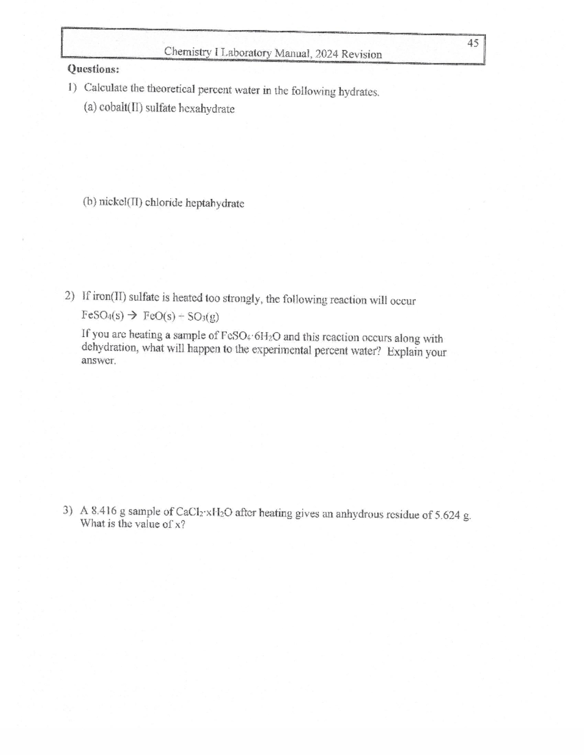 Chemistry I Lab Manual (45-46): Hydrates & Percent Water Calculations ...