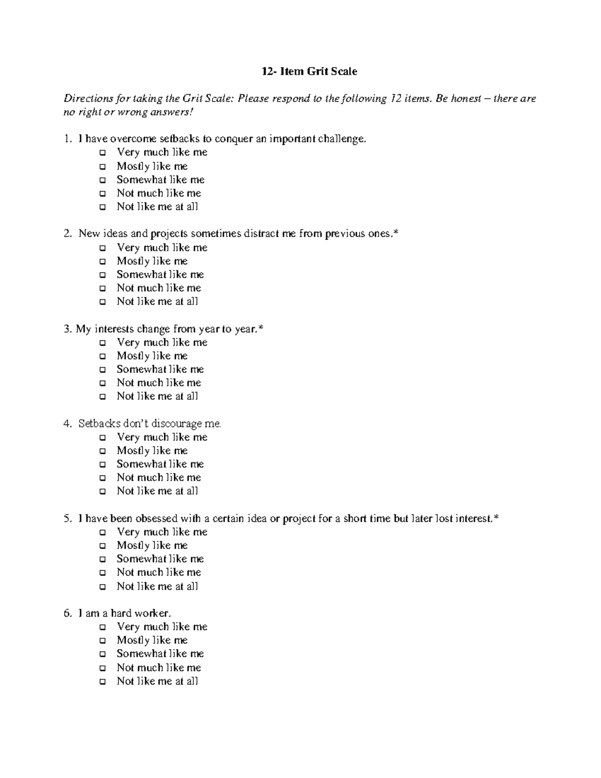 12-Item Grit Scale Assessment by Angela Duckworth - Studocu