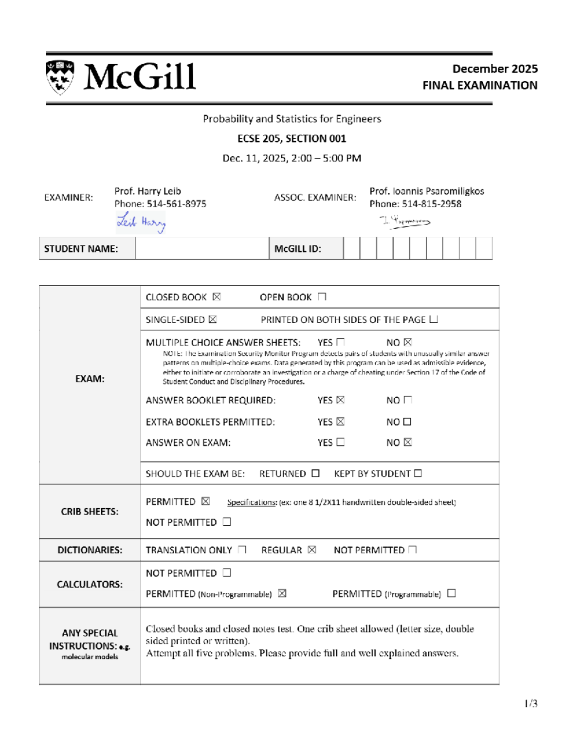 Final Exam Solutions for Probability and Statistics ECSE 205, Fall 2025 ...