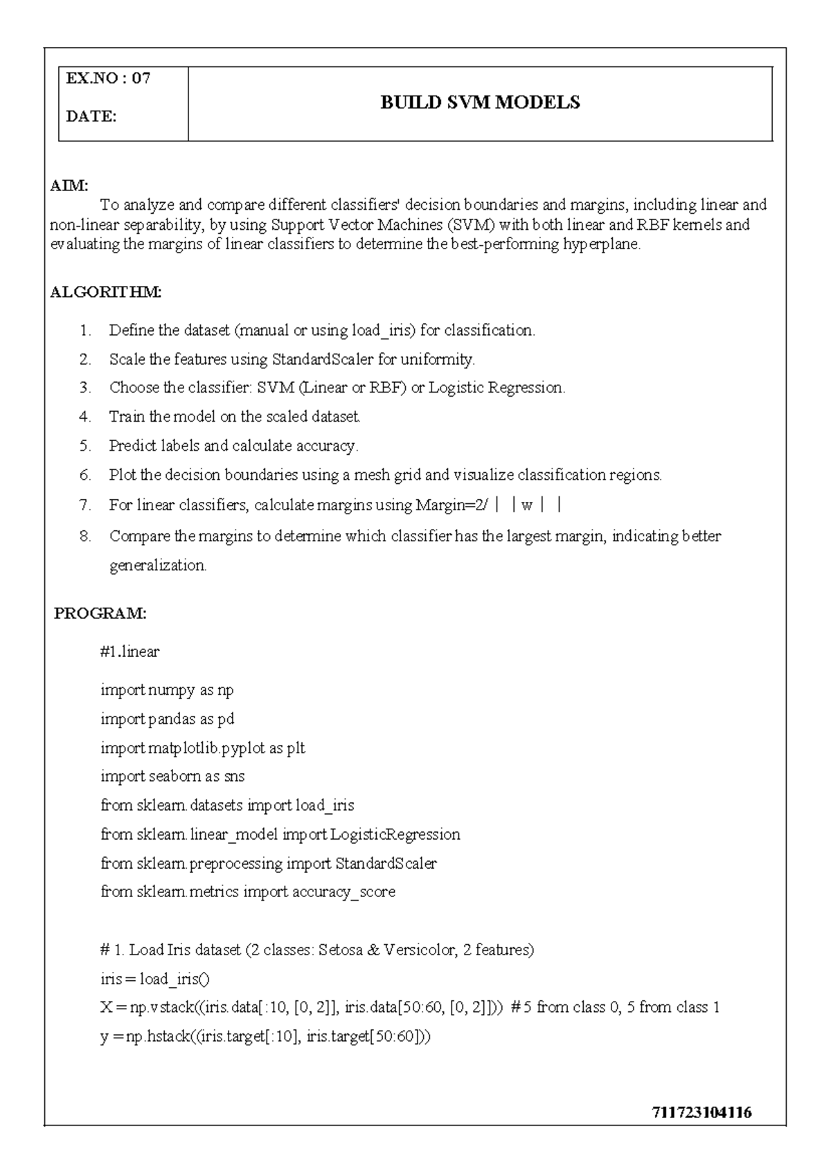 AIML LAB EX. 07: Building and Analyzing SVM Models with Decision ...