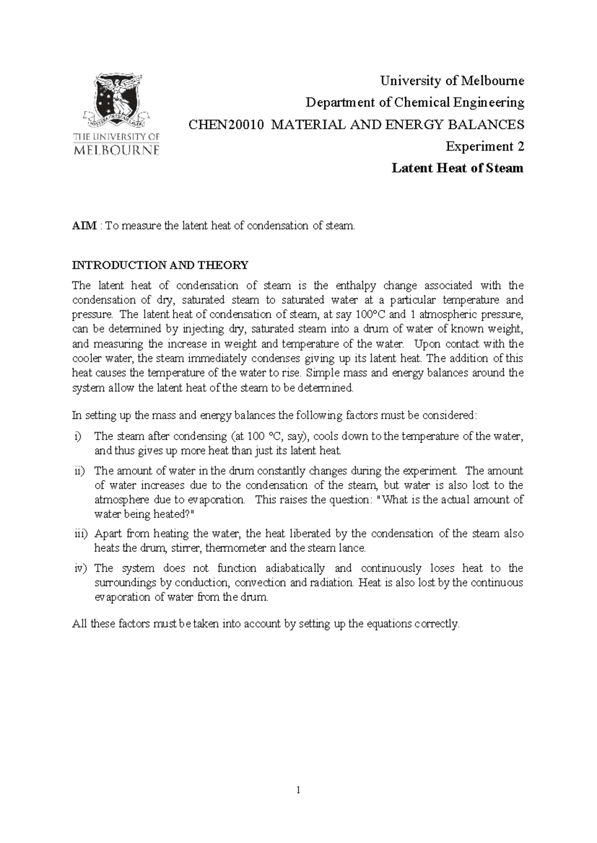 Laboratory Manual - CHEN20010 Experiment 2: Latent Heat of Steam - Studocu