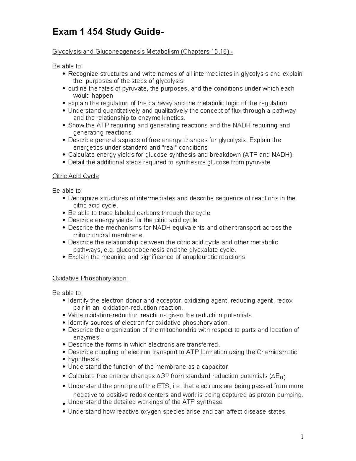 Exam 1 454 Study Guide: Glycolysis, Citric Acid Cycle & Oxidative - Studocu