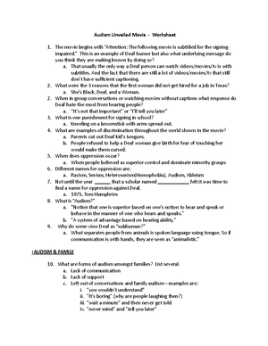 Audism Unveiled movie questions - Audism Unveiled Movie Worksheet 1 The ...