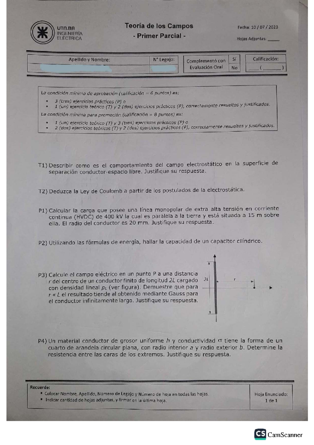 UTN.BA Teoría de los Campos - 1° Parcial 10/07/2023 INGENIERÍA ...