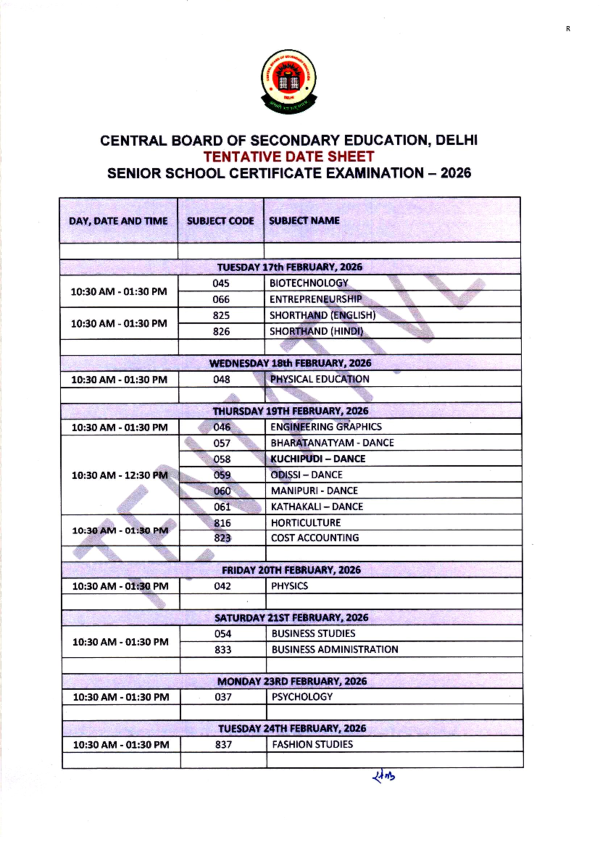 Tentative Date Sheet for Senior School Certificate Exam 2026 - Studocu