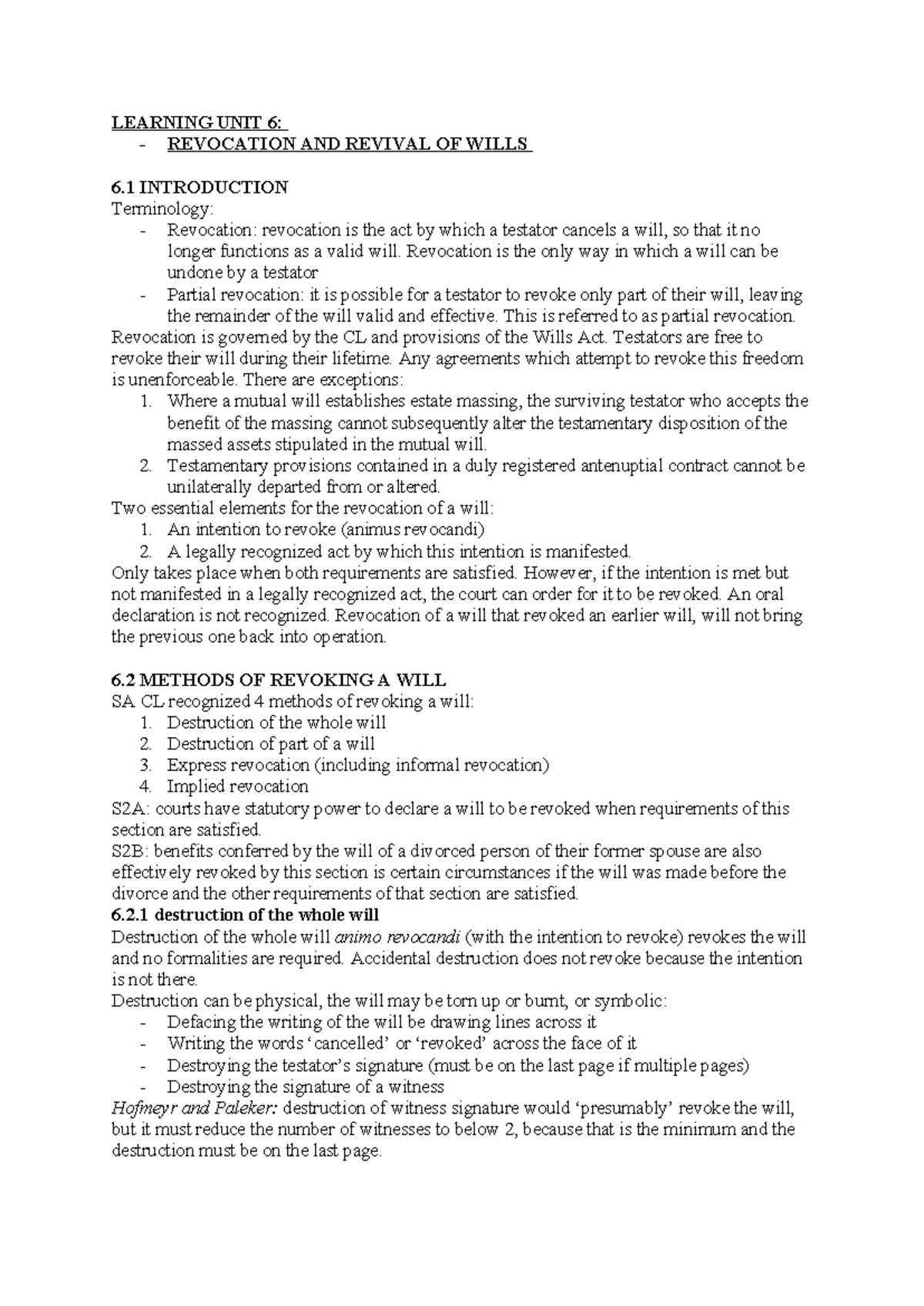 PVL2602 - Learning Unit 6: Revocation and Revival of Wills - Studocu