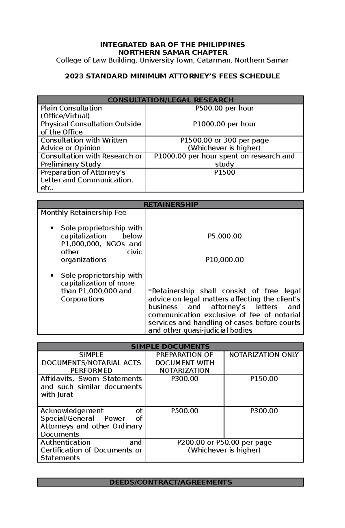 Proposed IBP Rates for Legal Fees - Northern Samar Chapter 2023 - Studocu