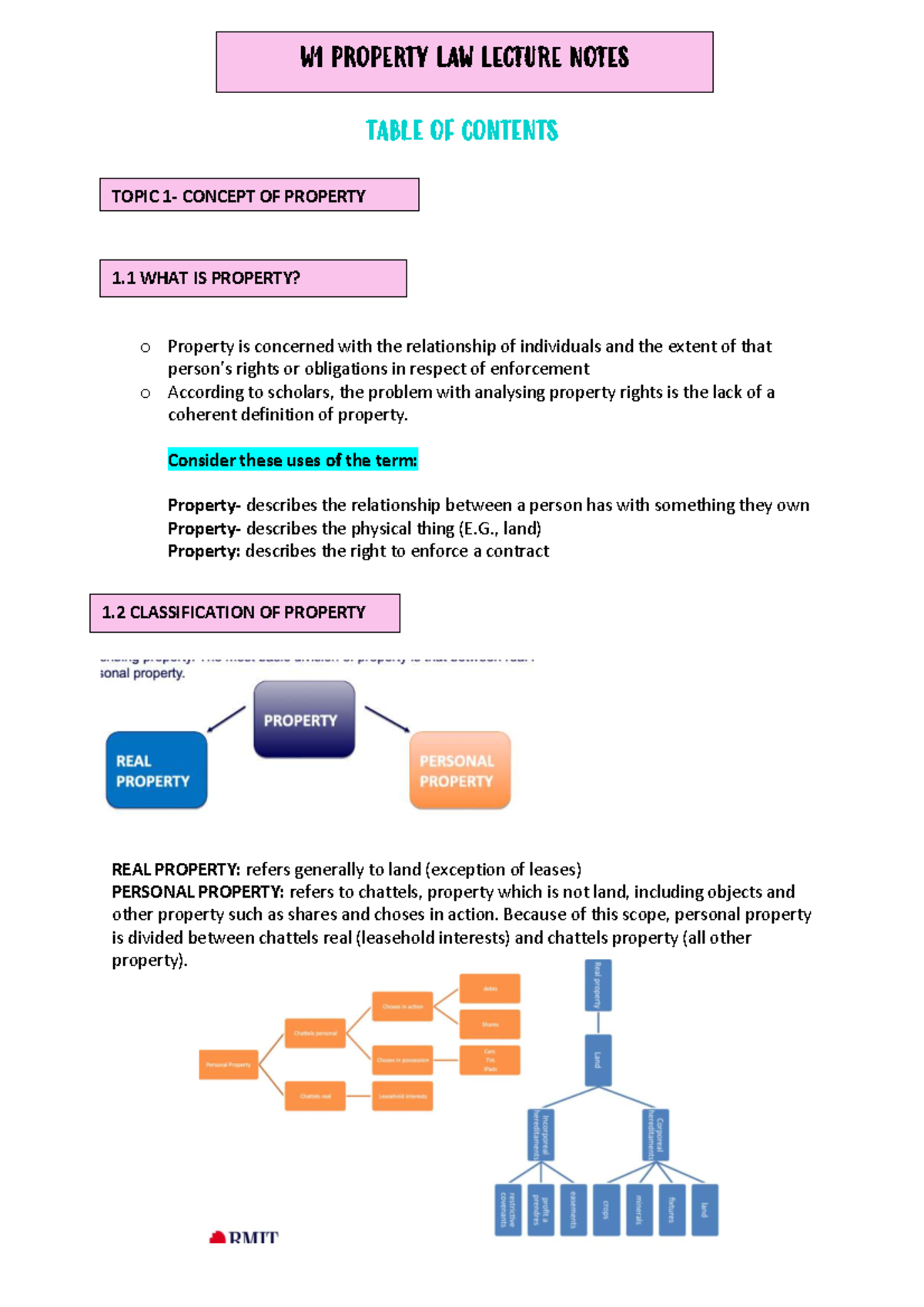 W1 PROPERTY LAW LECTURE NOTES: CONCEPTS AND CLASSIFICATIONS - Studocu