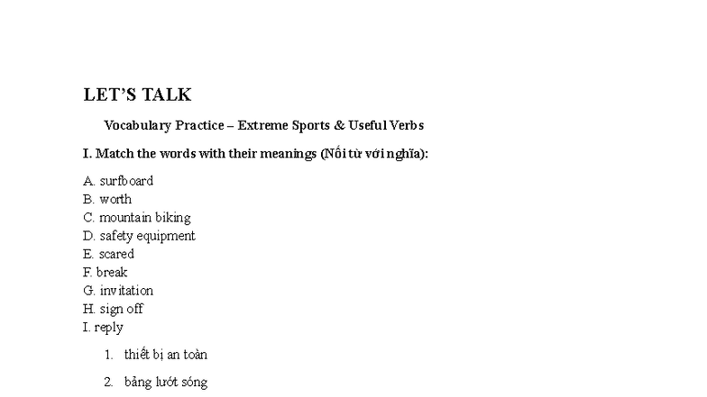 TALK Vocabulary Practice: Extreme Sports Verbs & Activities - Studocu