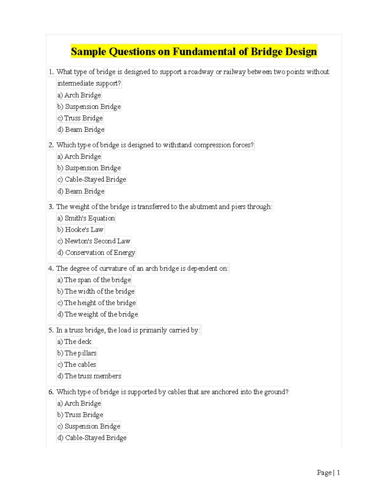 Bridge Design - Sample Questions for Course Code BRD 101 - Studocu