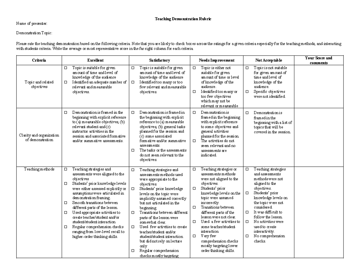 Teaching Demonstration Rubric Evaluation Guide - Studocu