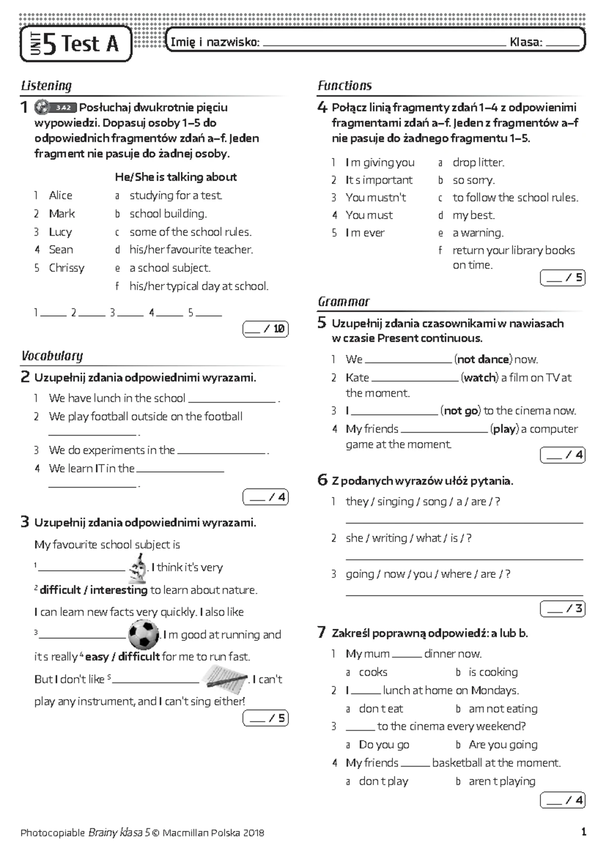Brainy 5 Unit Test 5 B - angielski - UNIT 5 Test B Imię i nazwisko ...