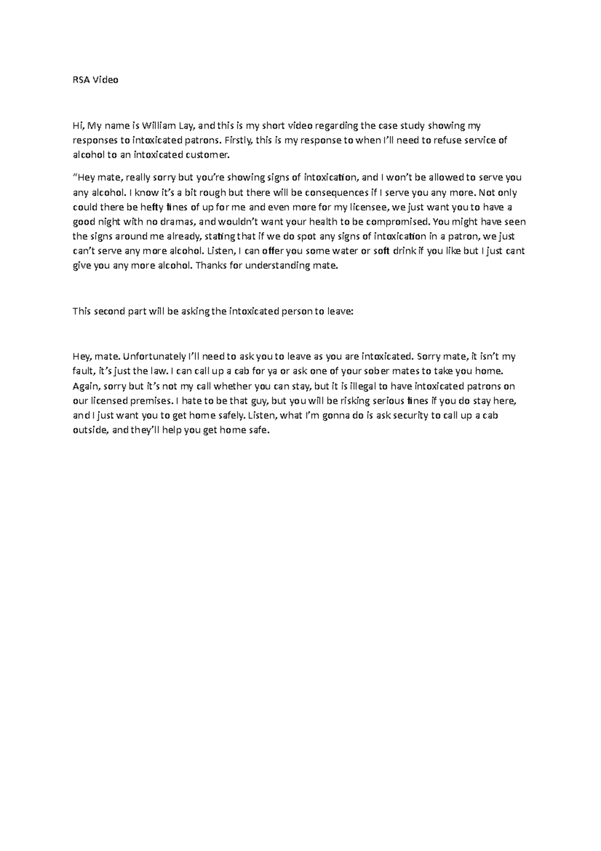 RSA Case Study Video Script on Intoxicated Patrons - Studocu