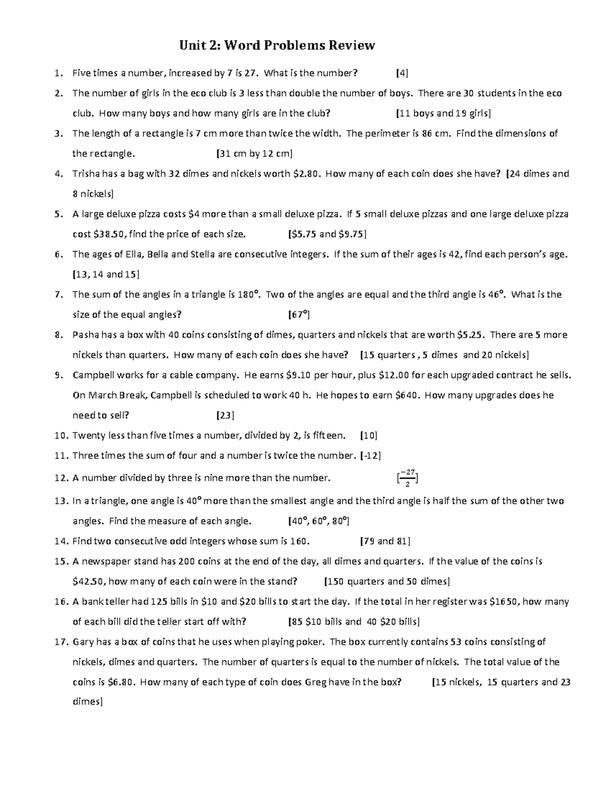 Unit 2: Word Problems Review and Solutions - Studocu