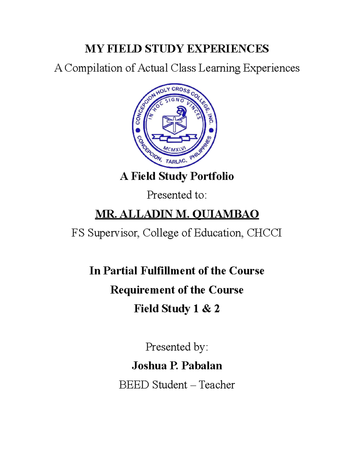 Field Study 1 & 2 Narrative Report by Joshua P. Pabalan - Studocu