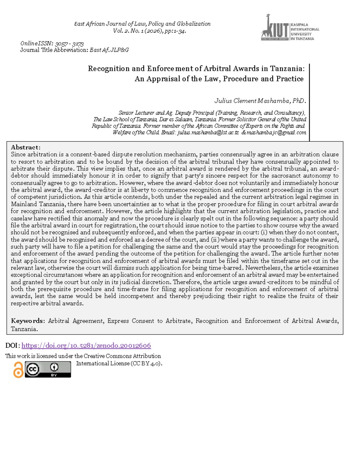 Recognition and Enforcement of Arbitral Awards in Tanzania: Law and ...
