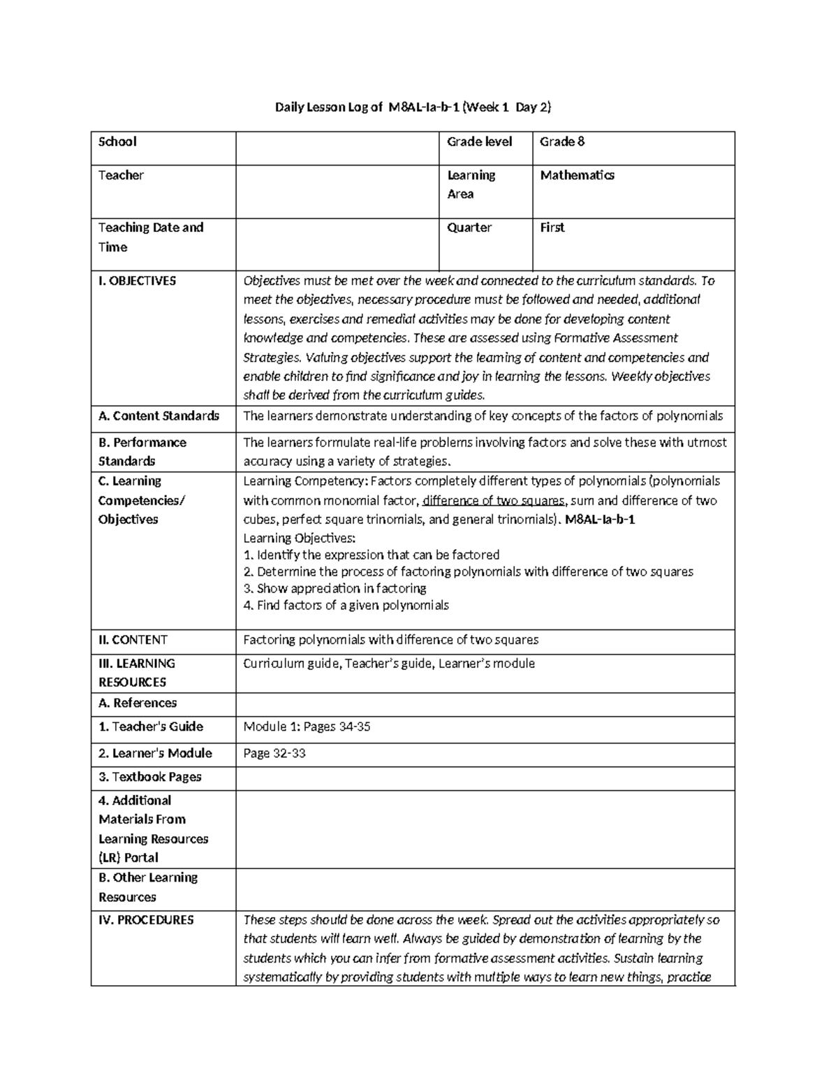 I-Day 2 - lesson plan - Daily Lesson Log of M8AL-Ia-b-1 (Week 1 Day 2 ...