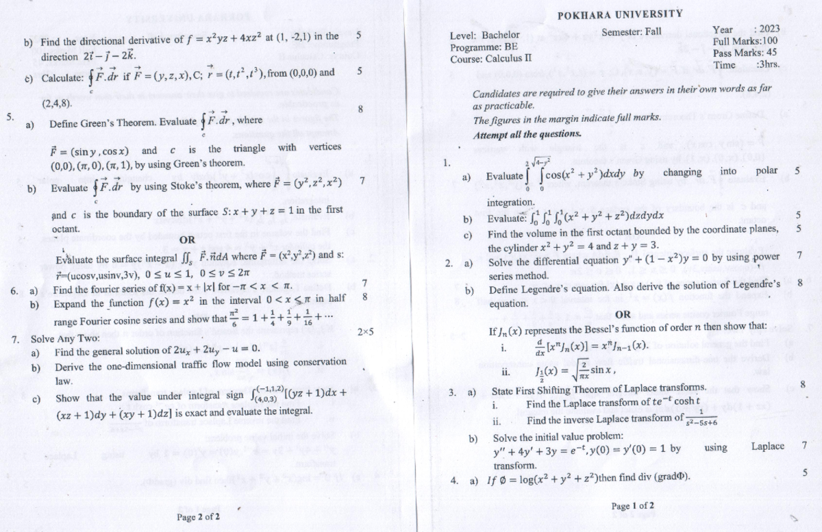 Calculus-II-23 Fall - Past questions - POKHARA UNIVERSITY b) Find the ...