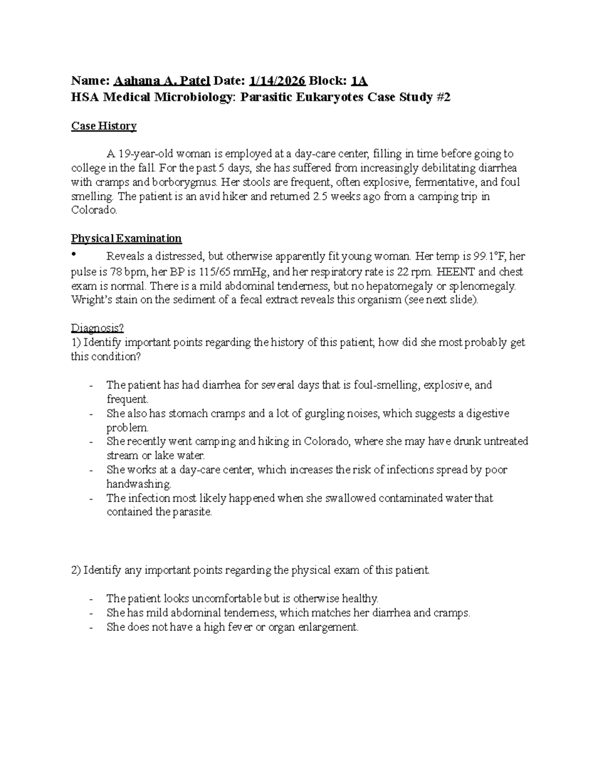 HSA Medical Microbiology: Parasitic Eukaryotes Case Study #2 - Studocu