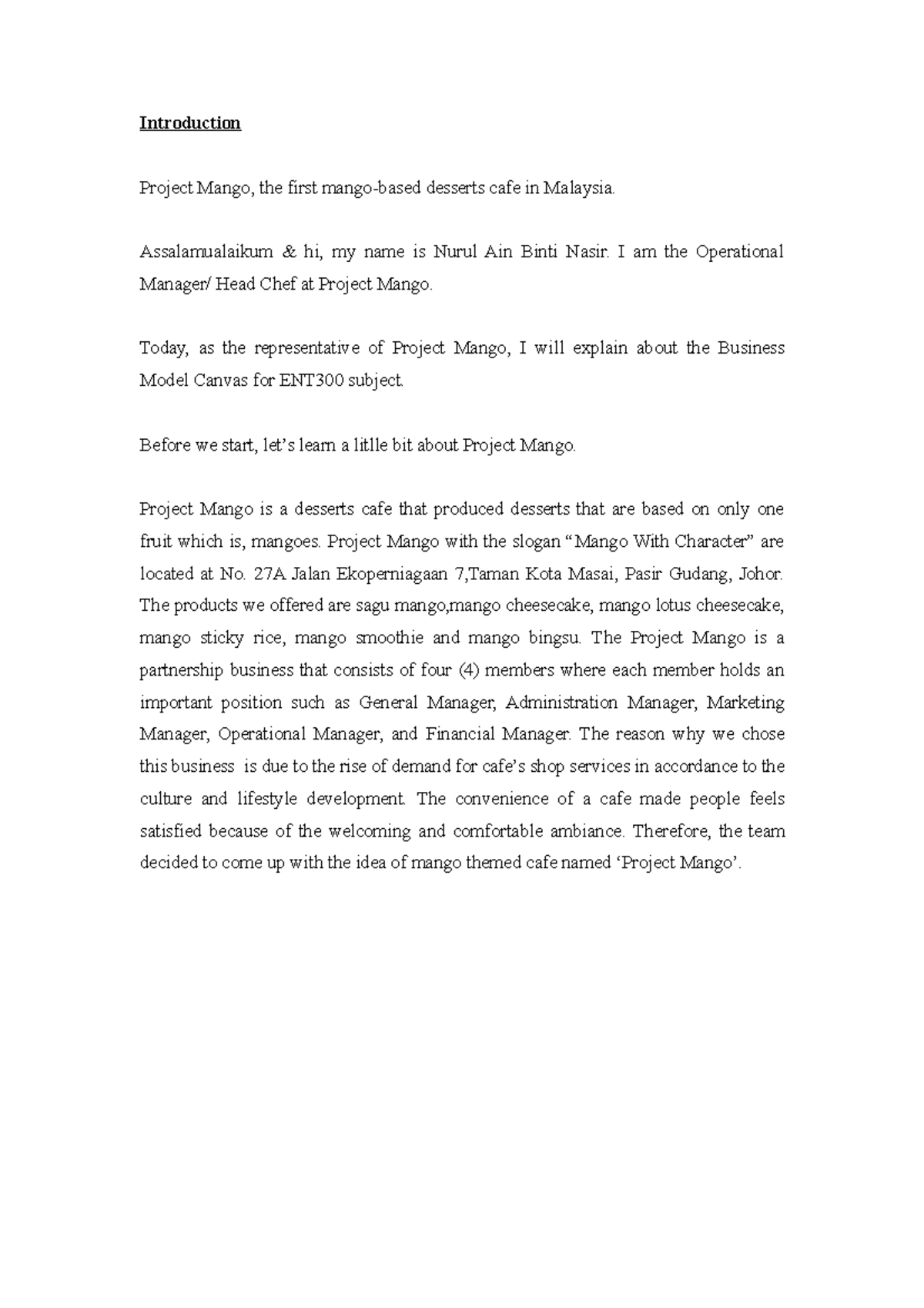 ENT300 Video Pitching: Business Model Canvas for Project Mango - Studocu