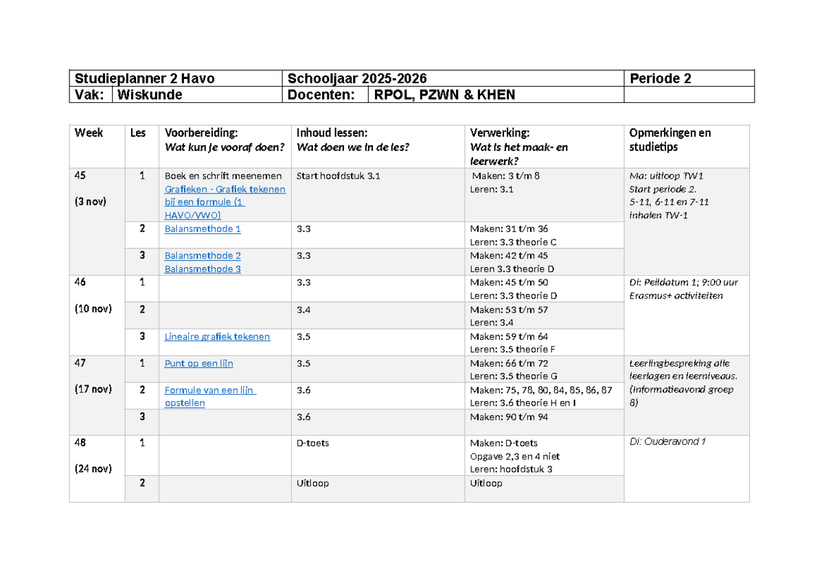 Studieplanner Havo 2 Wiskunde Periode 2 Lesvoorbereidingen en Tips - Studeersnel