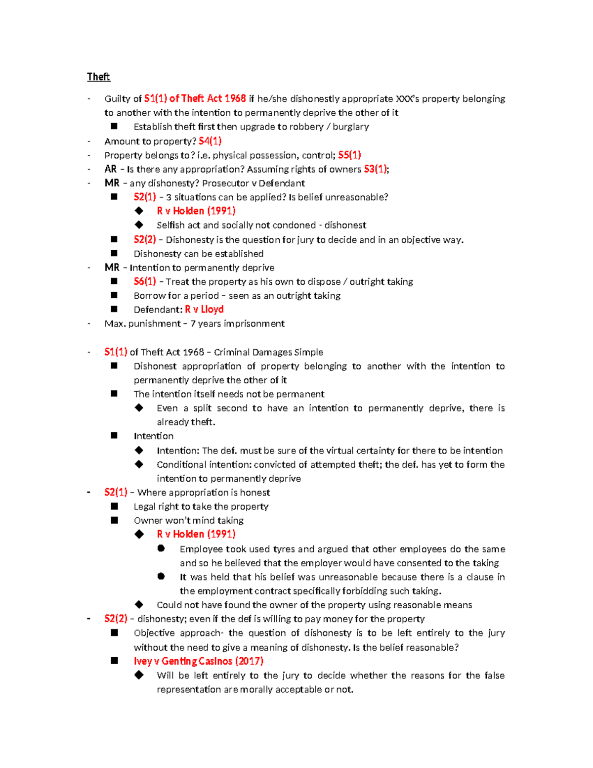 Theft, Robbery & Burglary: Key Concepts and Case Law (Final) - Studocu