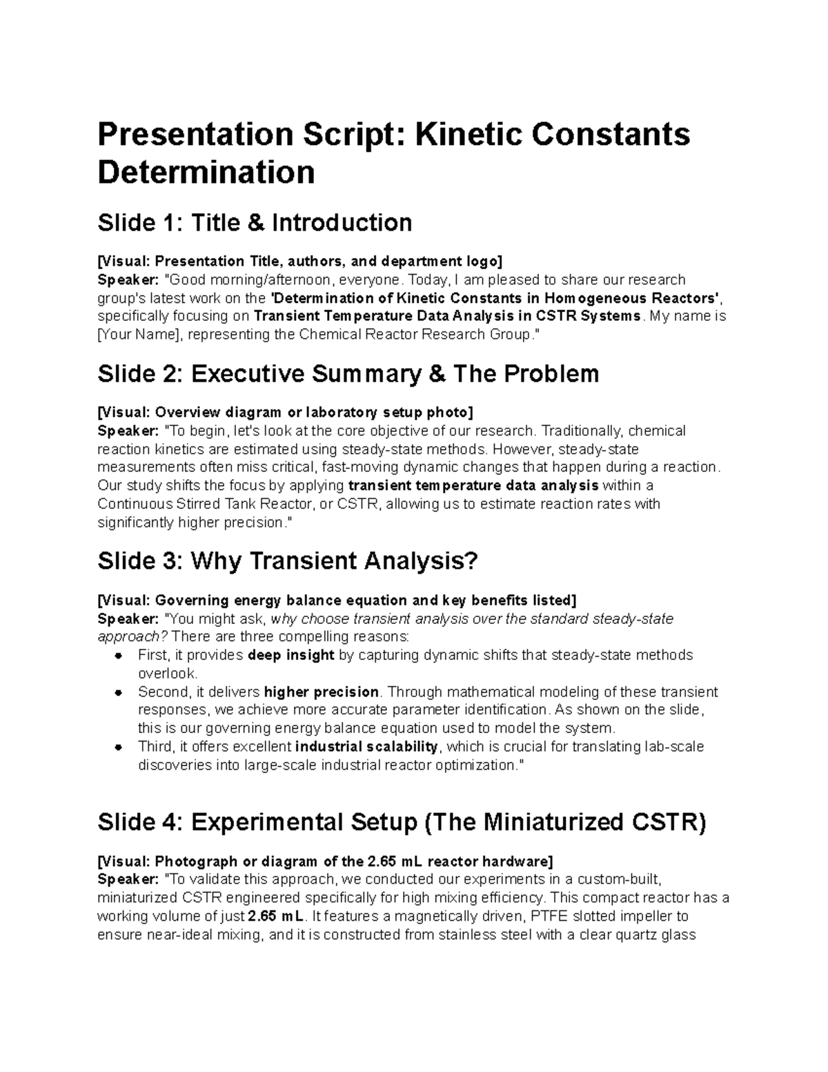 CSTR Kinetic Constants Presentation Script: Transient Analysis Insights ...