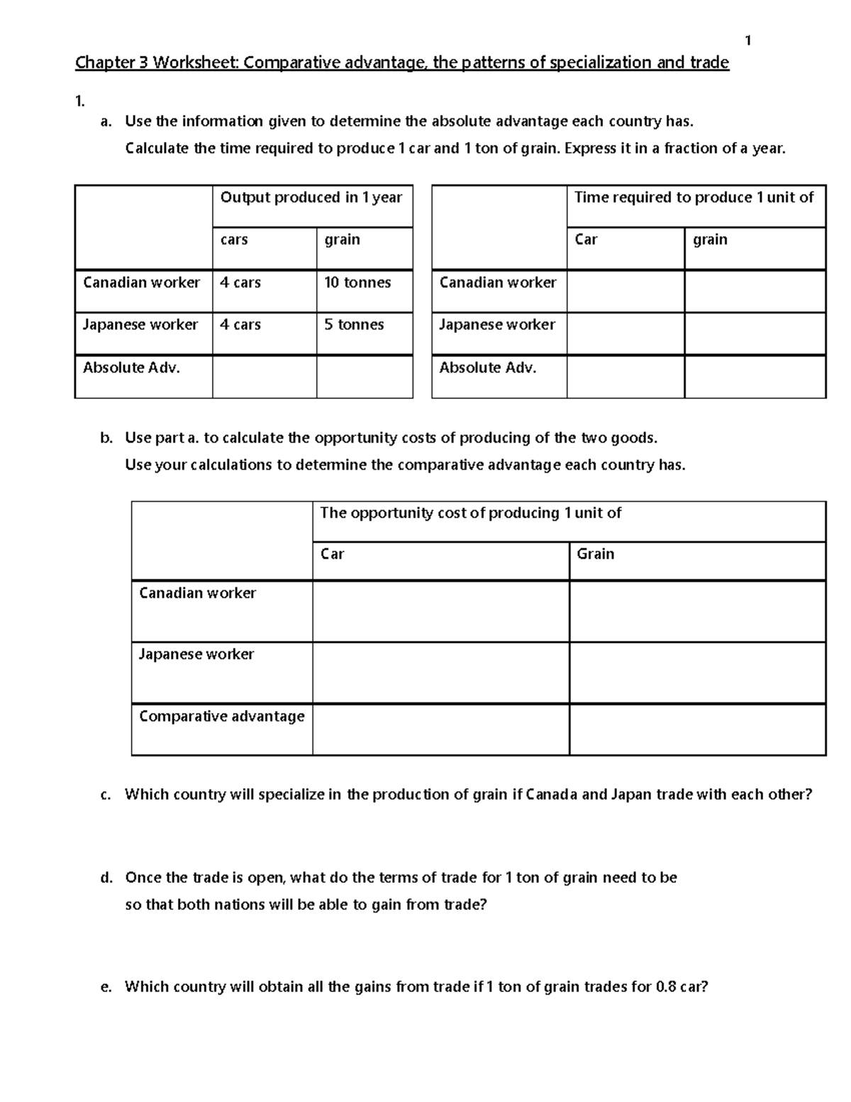 Econ 1 Chapter 3 Worksheet: Comparative Advantage & Trade Analysis ...