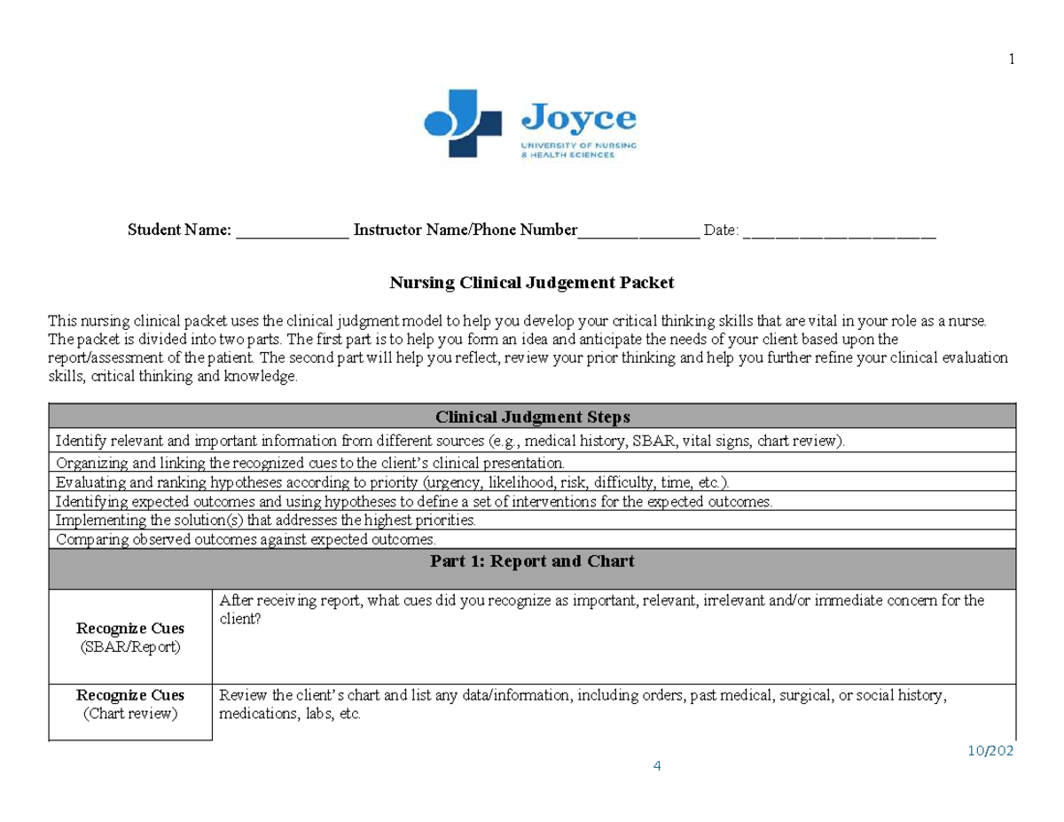 NUR 101: Clinical Judgement Packet for Nursing Students - Studocu