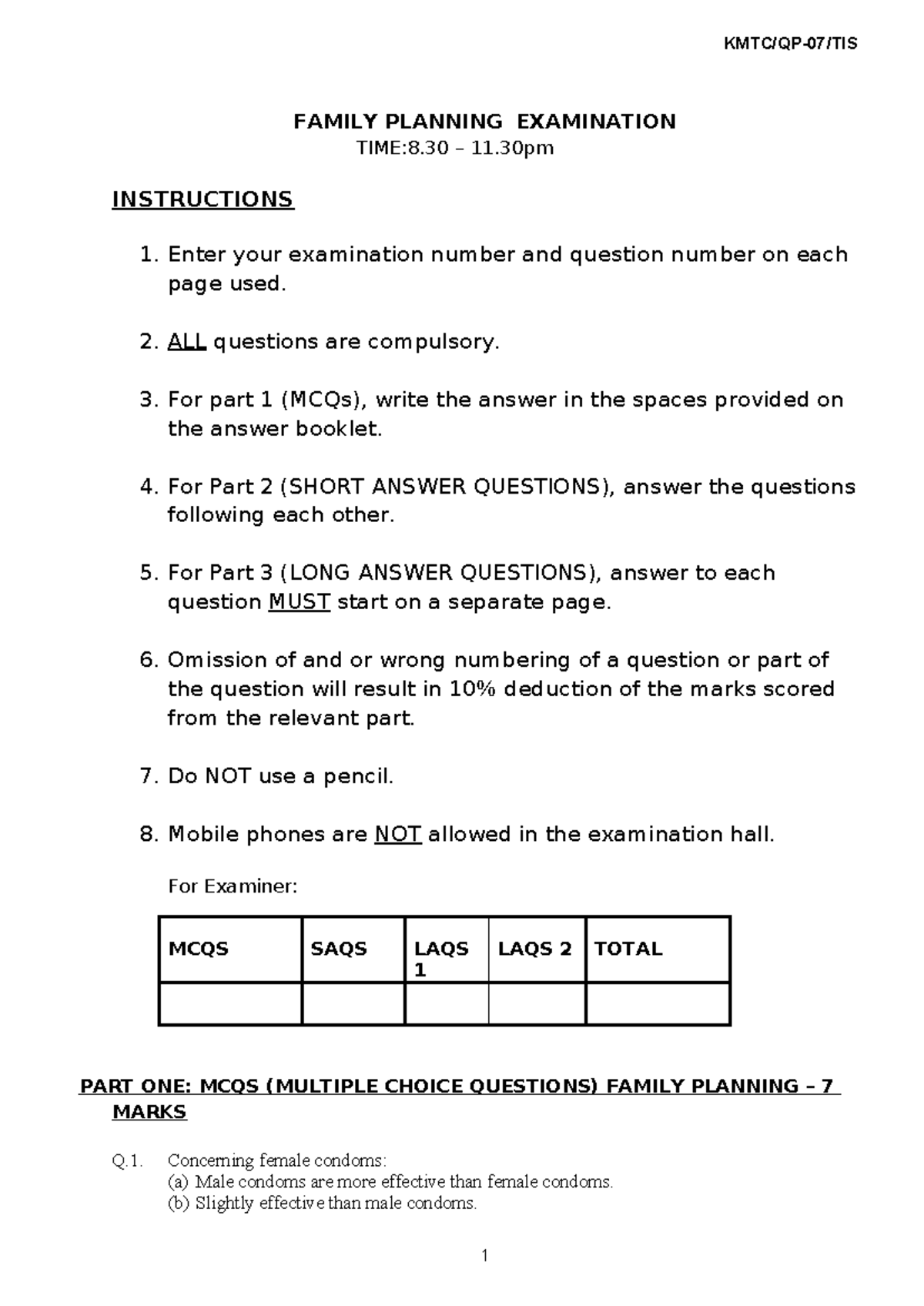 Family Planning Exam Questions - KMTC/QP-07/TIS Instructions - Studocu